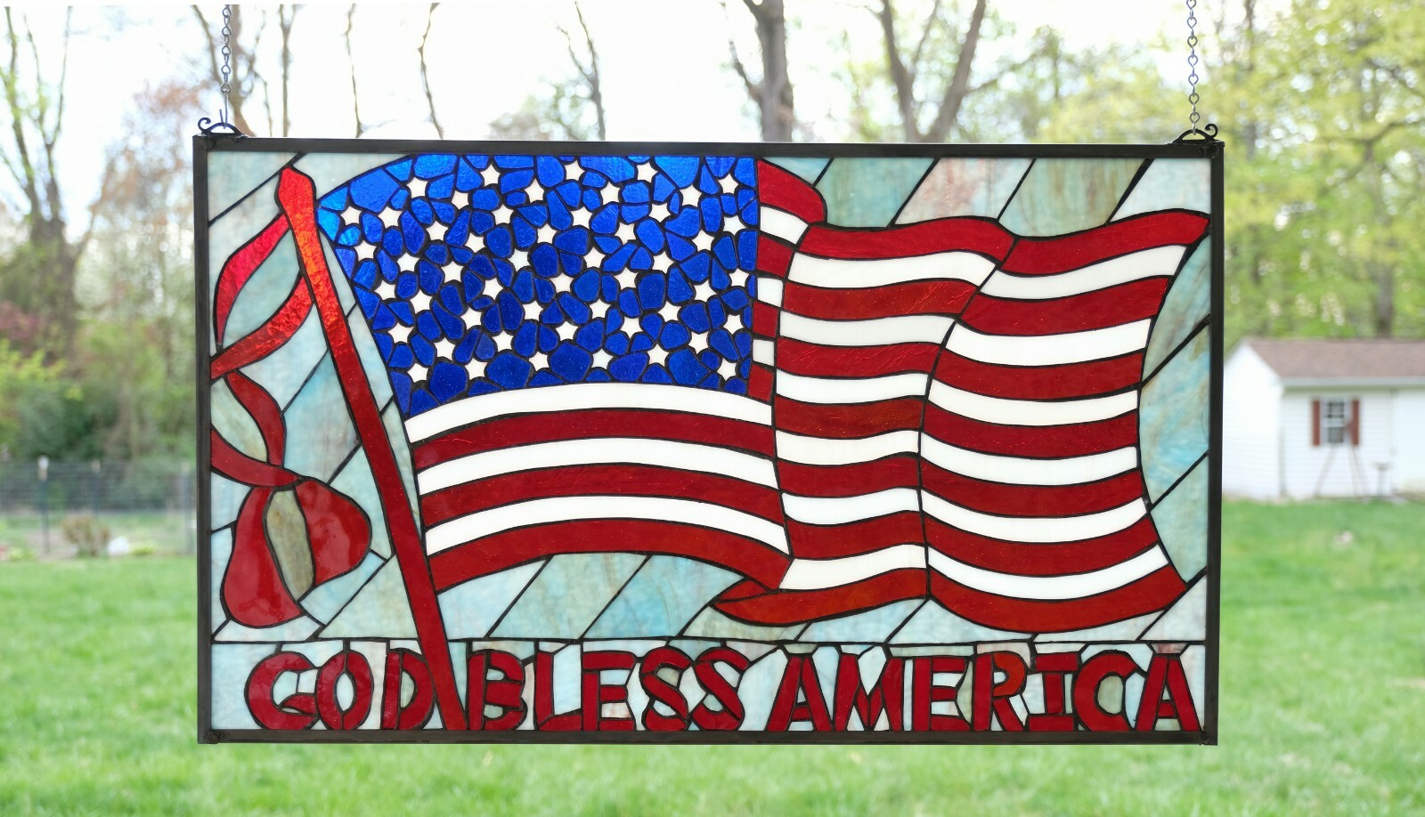 34" x 20" Tiffany Style stained glass window panel American Flag Art ...