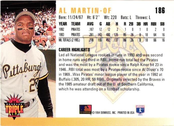1994 TRIPLE PLAY BASEBALL CARD AL MARTIN #186 | eBay