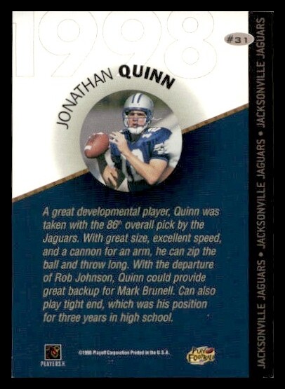 1998 Playoff Absolute Retail #31 Jonathan Quinn Bronze Rookie Jaguars ...
