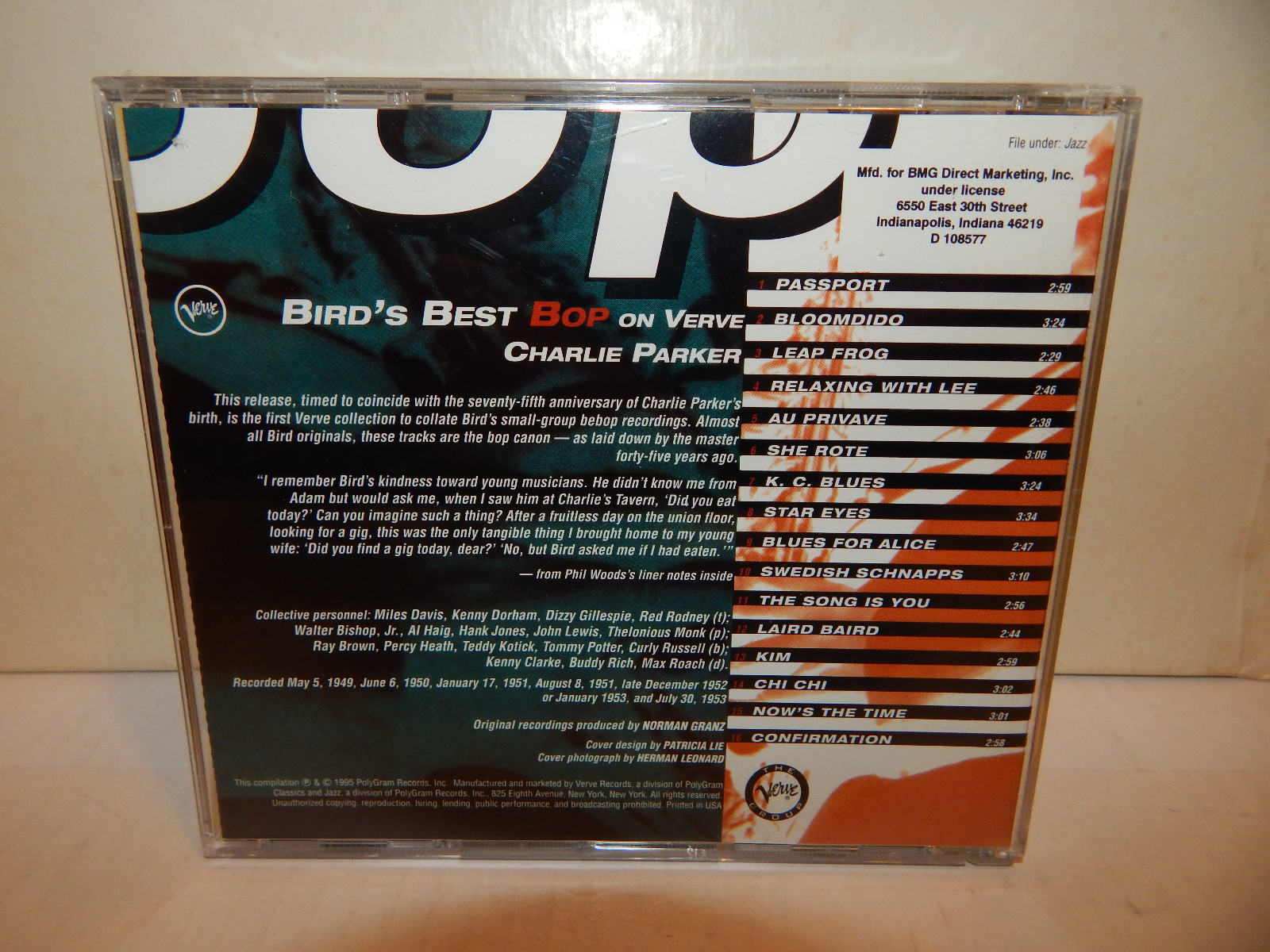 Charlie Parker Bird's Best BOP On Verve Thelonious Monk Dizzy Kenny ...