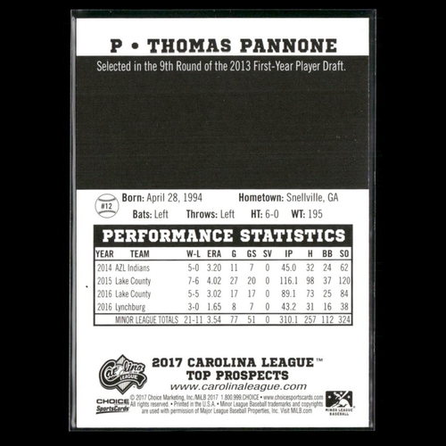 Thomas Pannone 2017 Carolina League Top Prospects Baseball Card MLB NM ...