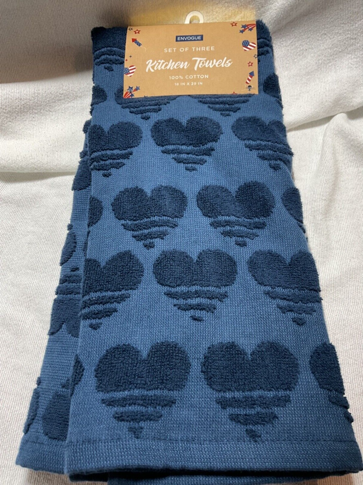 ENVOGUE KITCHEN TOWELS (3) RED BLUE GRAY HEARTS FLAGS 100% COTTON NWT ...