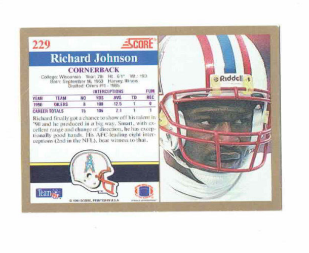 Richard Johnson Houston Oilers Cornerback #229 Score 1991 Football Card ...