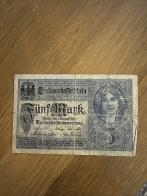 WW1 German 5 Mark Banknote Germany 1917 WWI Currency Berlin Paper Money ...