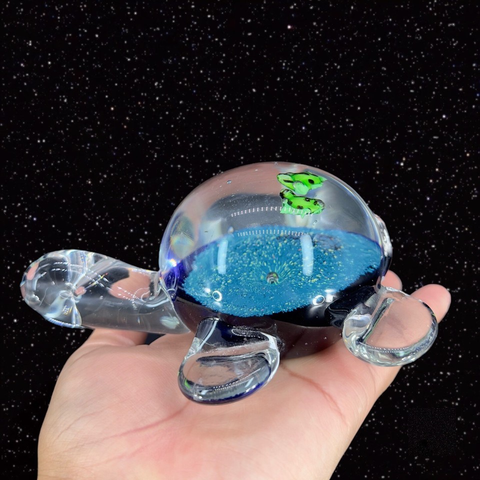 Art Glass Turtle Paperweight Figurine Thick Heavy Glass Turtle W Green ...