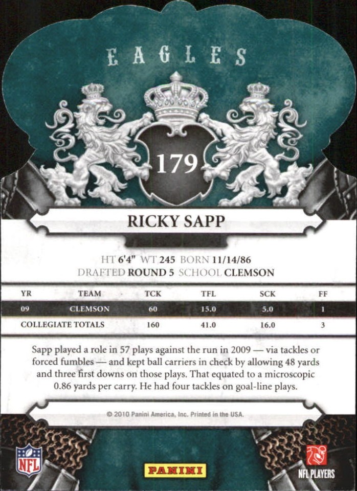2010 Crown Royale Football Card #179 Ricky Sapp Rookie | eBay