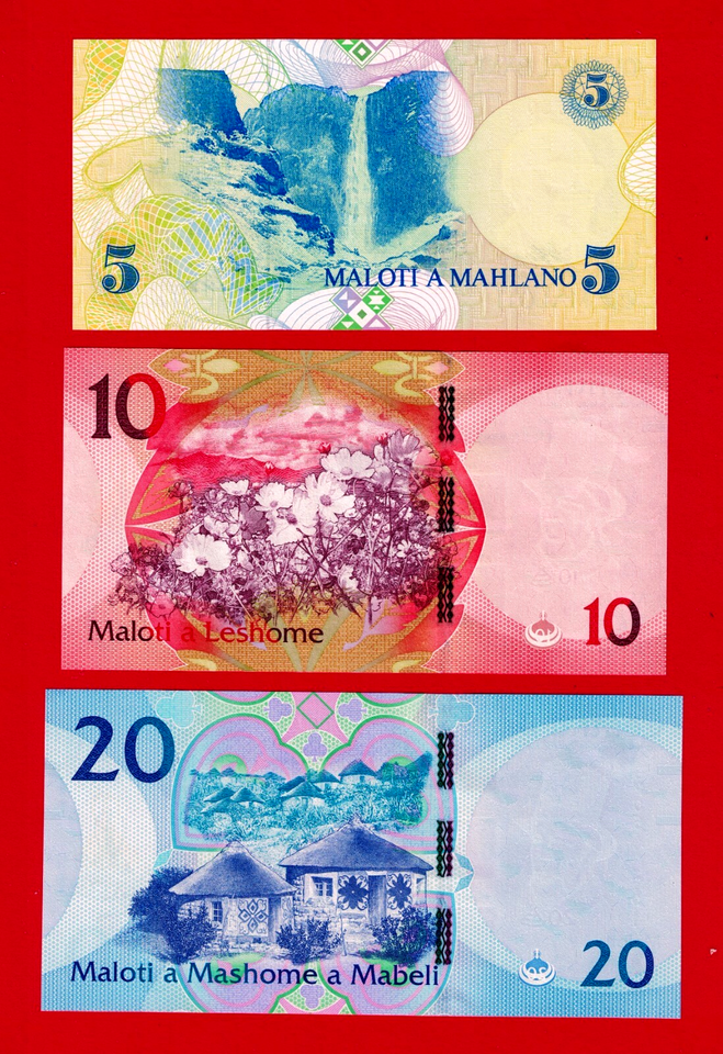 LESOTHO UNC NOTES 5 MALOTI 1989 P-10a, 10 Maloti 2021 P-26 & 20 Maloti ...