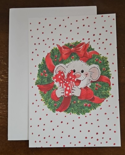 Vintage Suzy's Zoo blank Christmas card, Herkimer Mouse with wreath ...