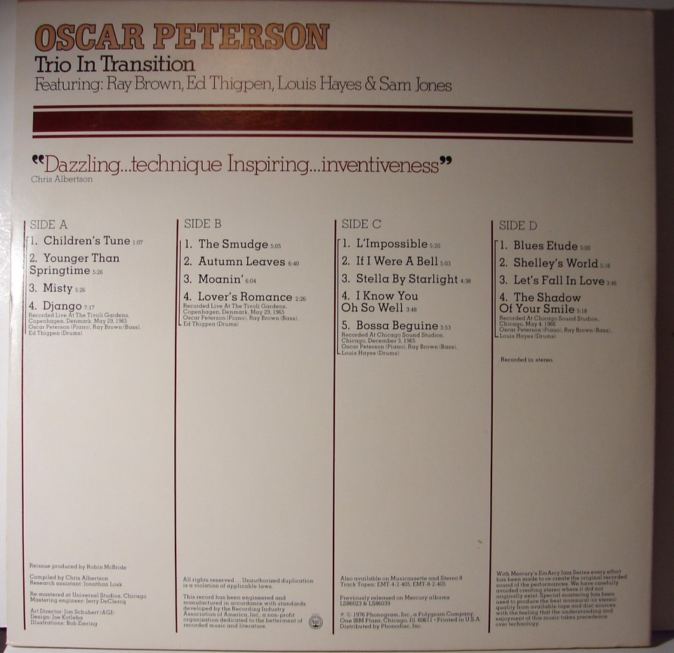 Used Double Record Album - "Trio in Transition" - Oscar Peterson (1976 ...