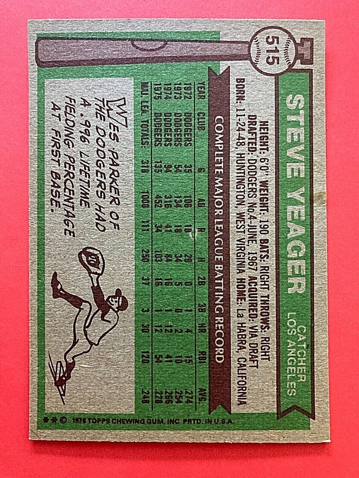 1976 TOPPS #515 STEVE YEAGER LOS ANGELES DODGERS 090822 | eBay