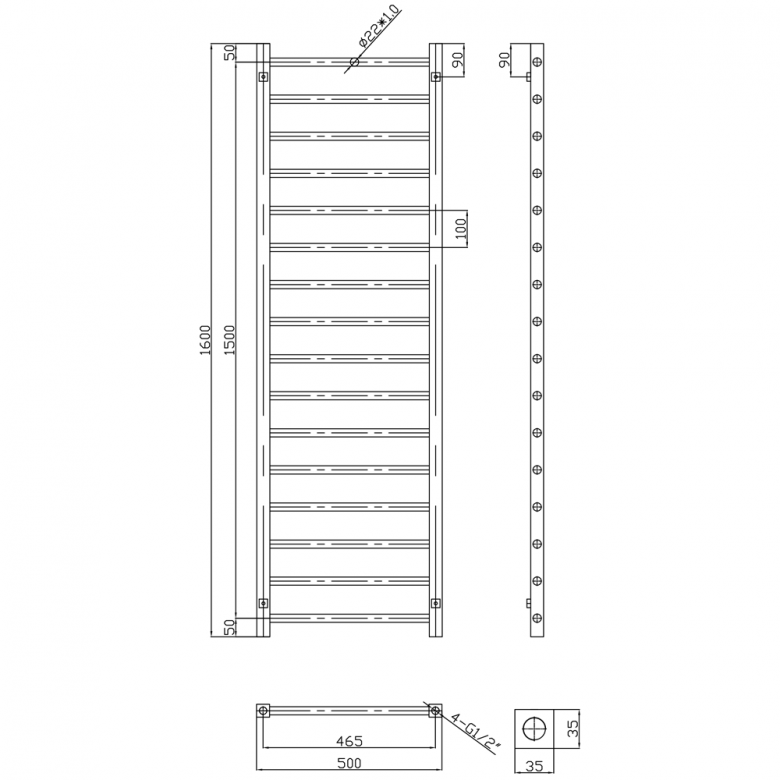 Rose Gold Towel Rail Ladder Bathroom Straight Warmer Two Sizes 500mm x ...