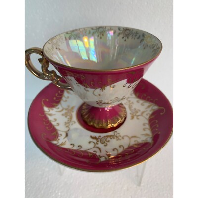Footed Iridescent maroon tea cup and saucer | eBay