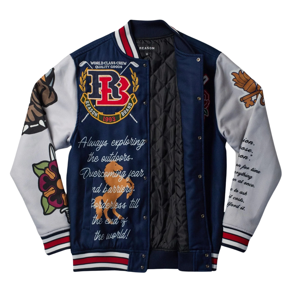 Reason Varsity Jacket Men’s Navy Blue Poly Wool Patches Letterman | eBay