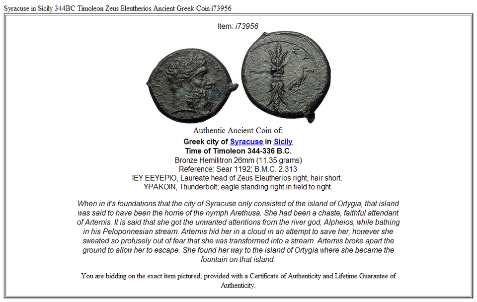Syracuse in Sicily 344BC Timoleon Zeus Eleutherios Ancient Greek Coin ...