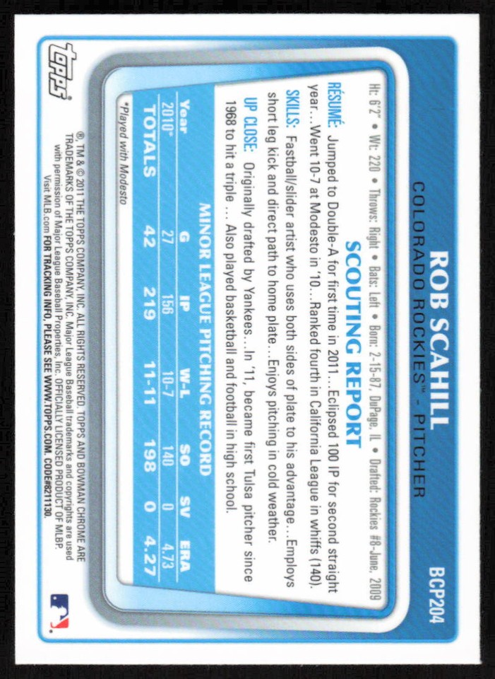 2011 Bowman Chrome Prospects Green X-Fractors #BCP204 Rob Scahill | eBay