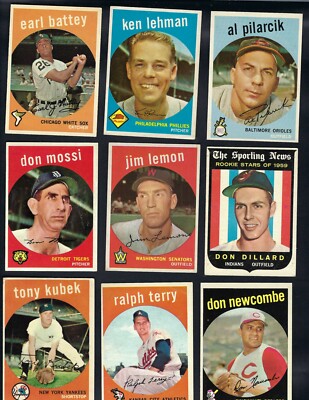 1959 TOPPS BASEBALL CARD LOT X 9 WITH KUBEK, NEWCOMBE, BATTEY, R TERRY ...
