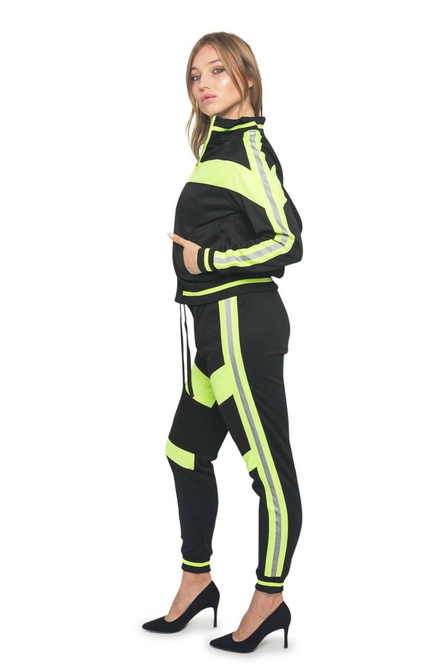 Women's Reflective Neon Stripe Outfits Sweatshirt and Pants Tracksuit ...