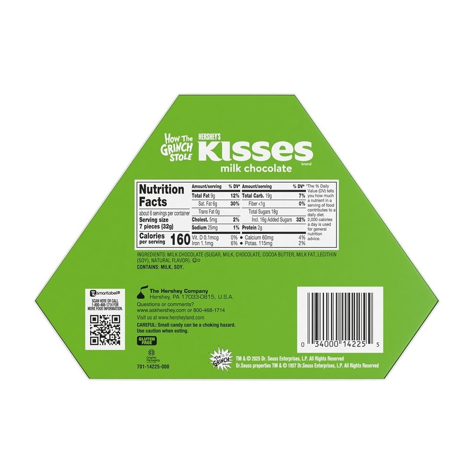 HERSHEY'S KISSES Grinch Milk Chocolate, Christmas Candy Gift Box, 6.5 ...