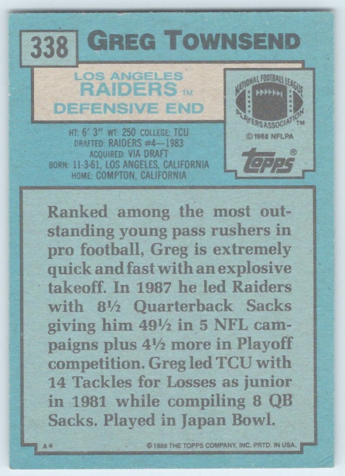 1988 TOPPS GREG TOWNSEND LOS ANGELES RAIDERS #338 | eBay