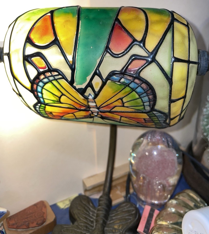 Vintage Tiffany Styled Bankers Stained Glass Butterfly Desk Lamp | eBay