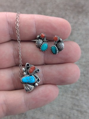Vintage Turquoise Coral Sterling Silver Set Pendant And Earrings Fred ...