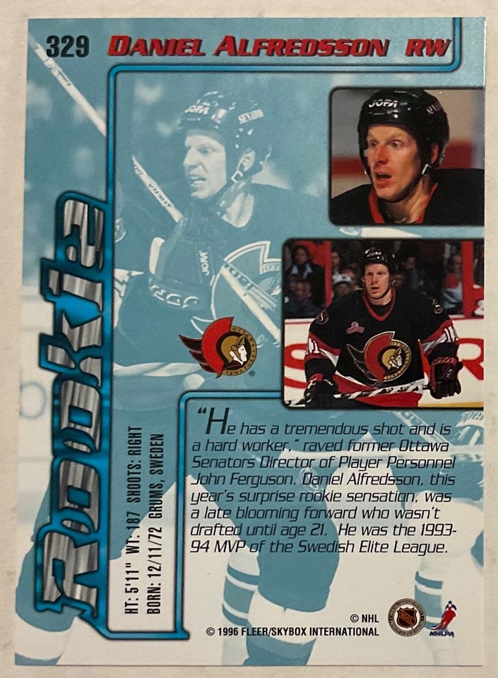 1995-96 DANIEL ALFREDSSON FLEER ULTRA EXTRA ROOKIE CARD RC #329 OTTAWA ...