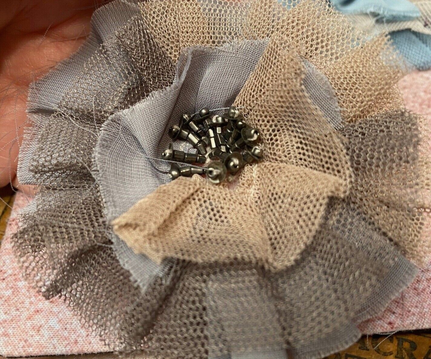 vintage applique boho flower layered netting beads hand sewn 3.5 ...