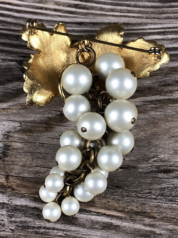 Vintage Grape Fruit Vine Dangle Faux Pearl Gold Tone Brooch Pin | eBay