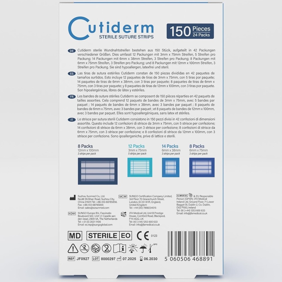 Cutiderm Sterile Skin Wound Closure Suture Strips, 4 150 Count (Pack of ...