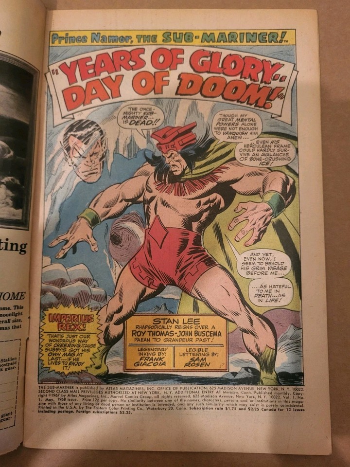 PRINCE NAMOR THE SUB-MARINER, Issue 1, SILVER AGE MARVEL COMICS,MAY ...