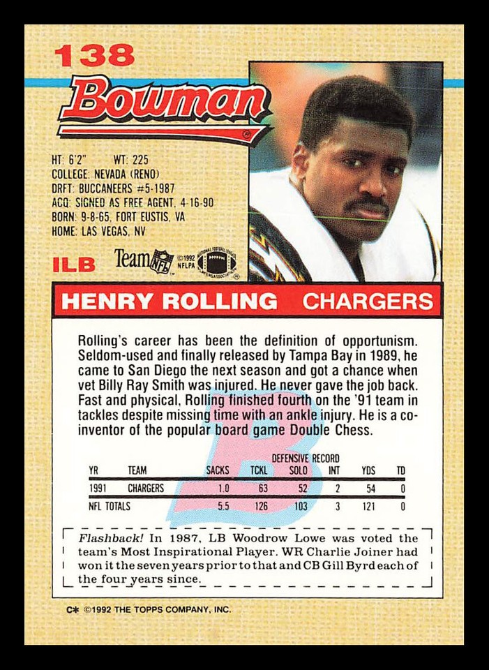 Henry Rolling #138 1992 Bowman San Diego Chargers | eBay