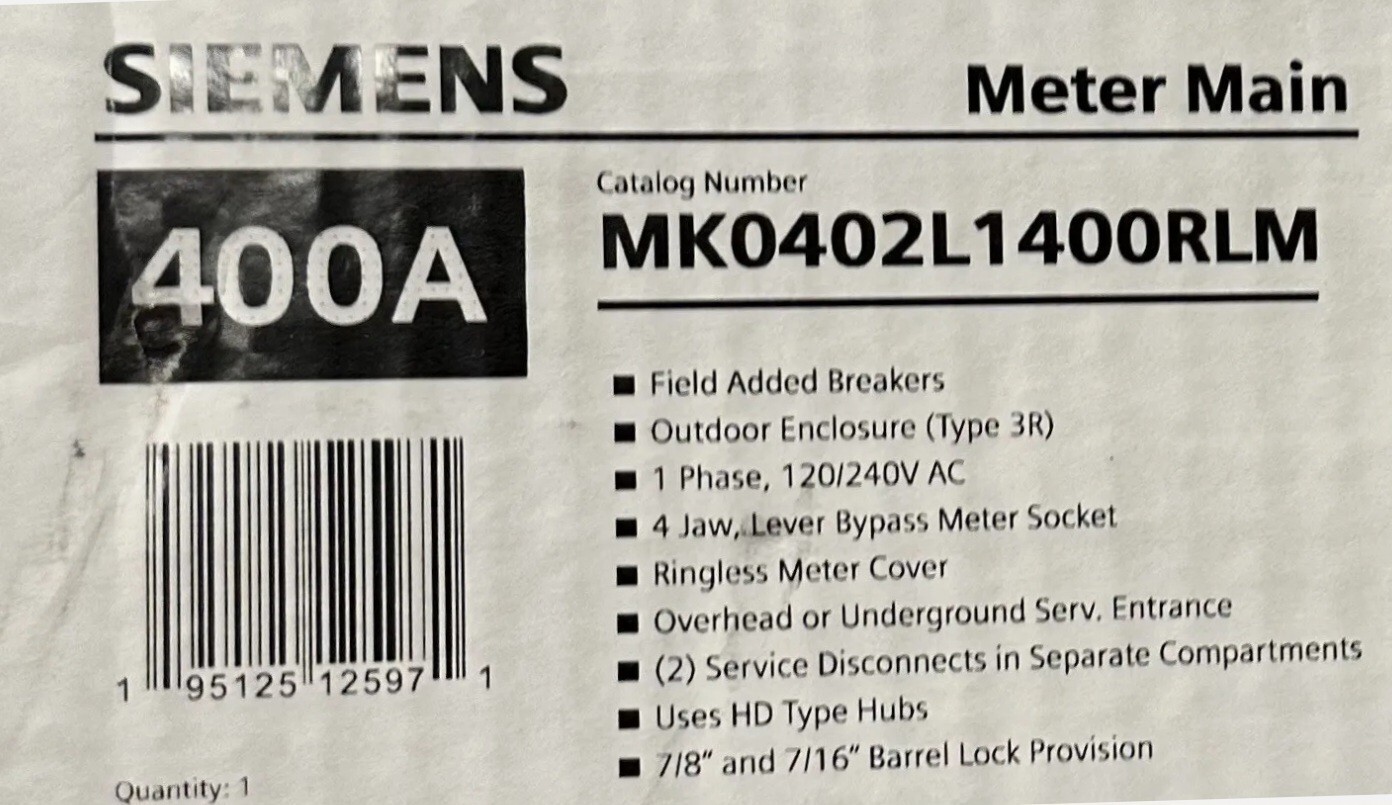 Siemens MK0402L1400RLM 400 Amp 1-Phase 48V Meter Load Center for sale ...