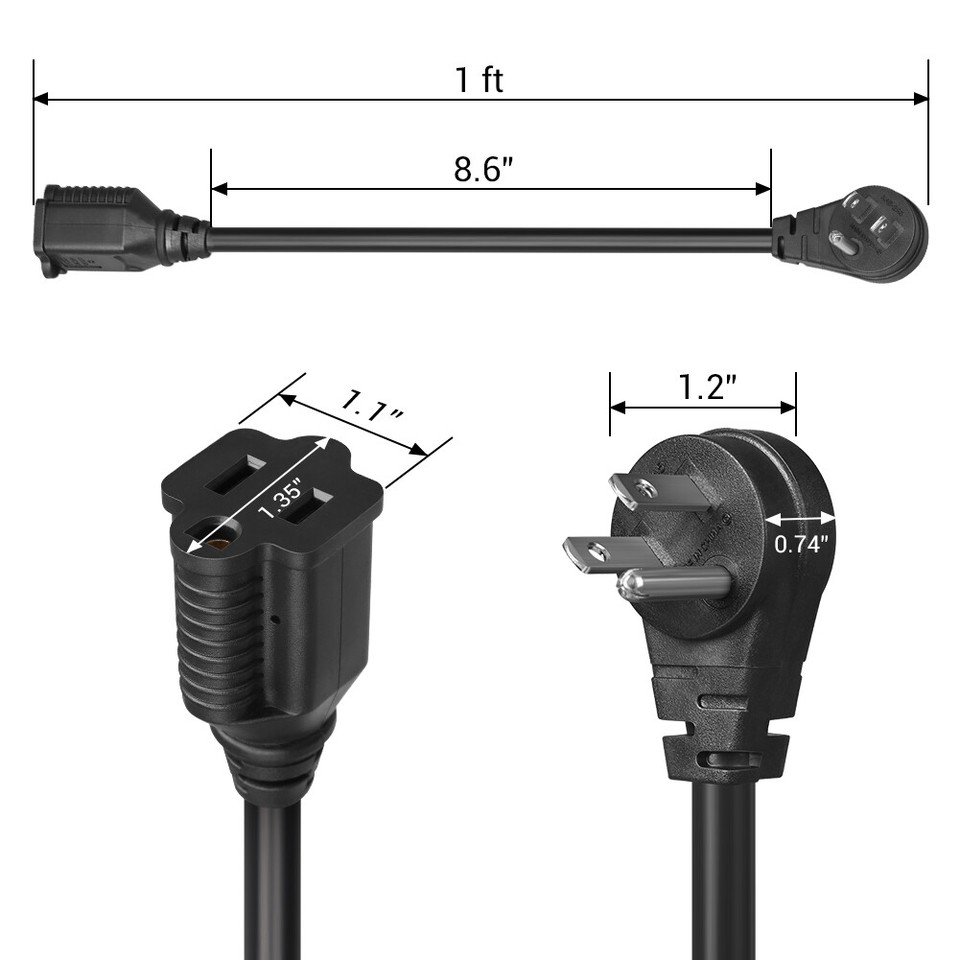 DEWENWILS 1 Ft Extension Cord Low Profile Angled Flat Plug 3 Prong ...