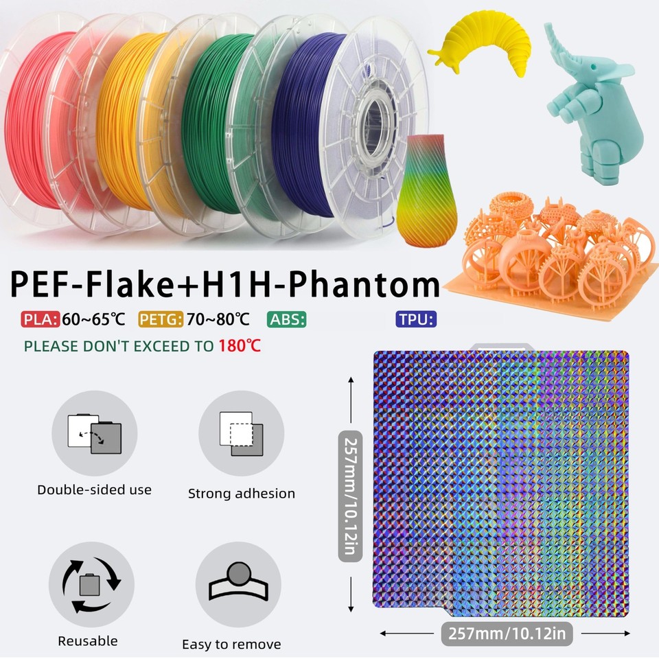 257x257mm PEF H1H Build Plate for Bambu Lab P1P/P1S/X1/X1C/X1E/A1 3D ...