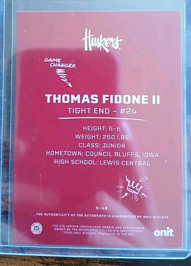 Thomas Fidone II 2024 Onit Athlete Nebraska Cornhuskers Autograph 143/ ...