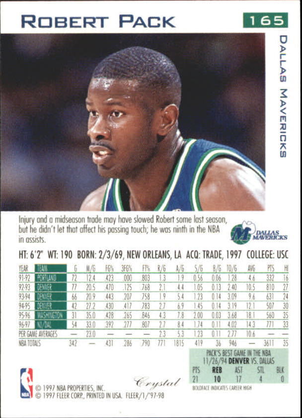 1997-98 Fleer Crystal Collection Mavericks Basketball Card #165 Robert ...