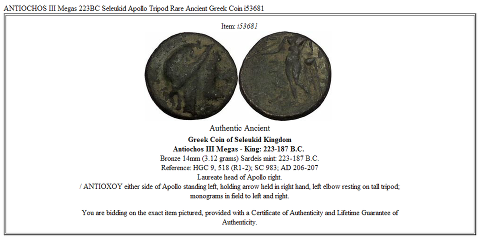 ANTIOCHOS III Megas 223BC Seleukid Apollo Tripod Rare Ancient Greek ...