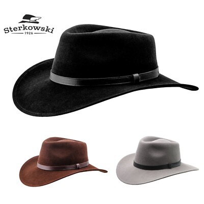 Sterkowski SHARPS Wool Fedora Hat Wide Brim Elegant Cowboy Black / Gray ...