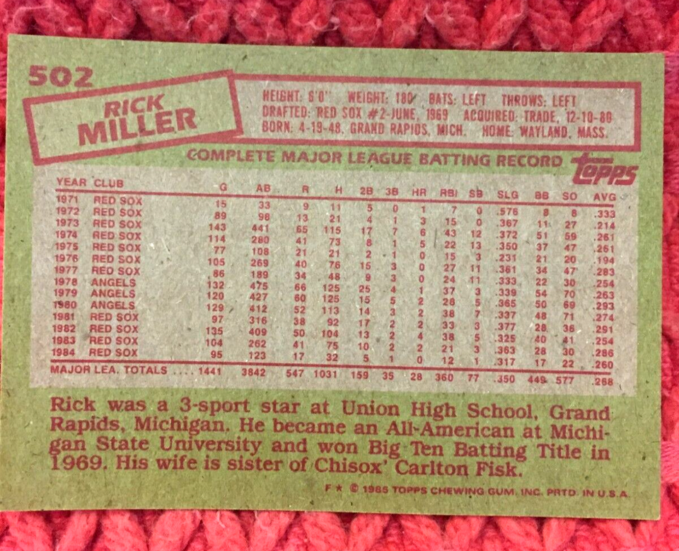 Red Sox Rick Miller #502 MLB Vintage Baseball Card Ships Free | eBay
