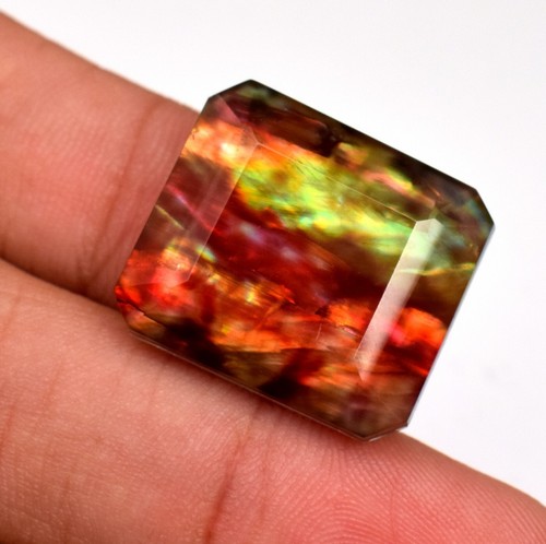 Natural Ammolite Gemstone Red Green Faceted Emerald Cut Huge 23 Ct ...