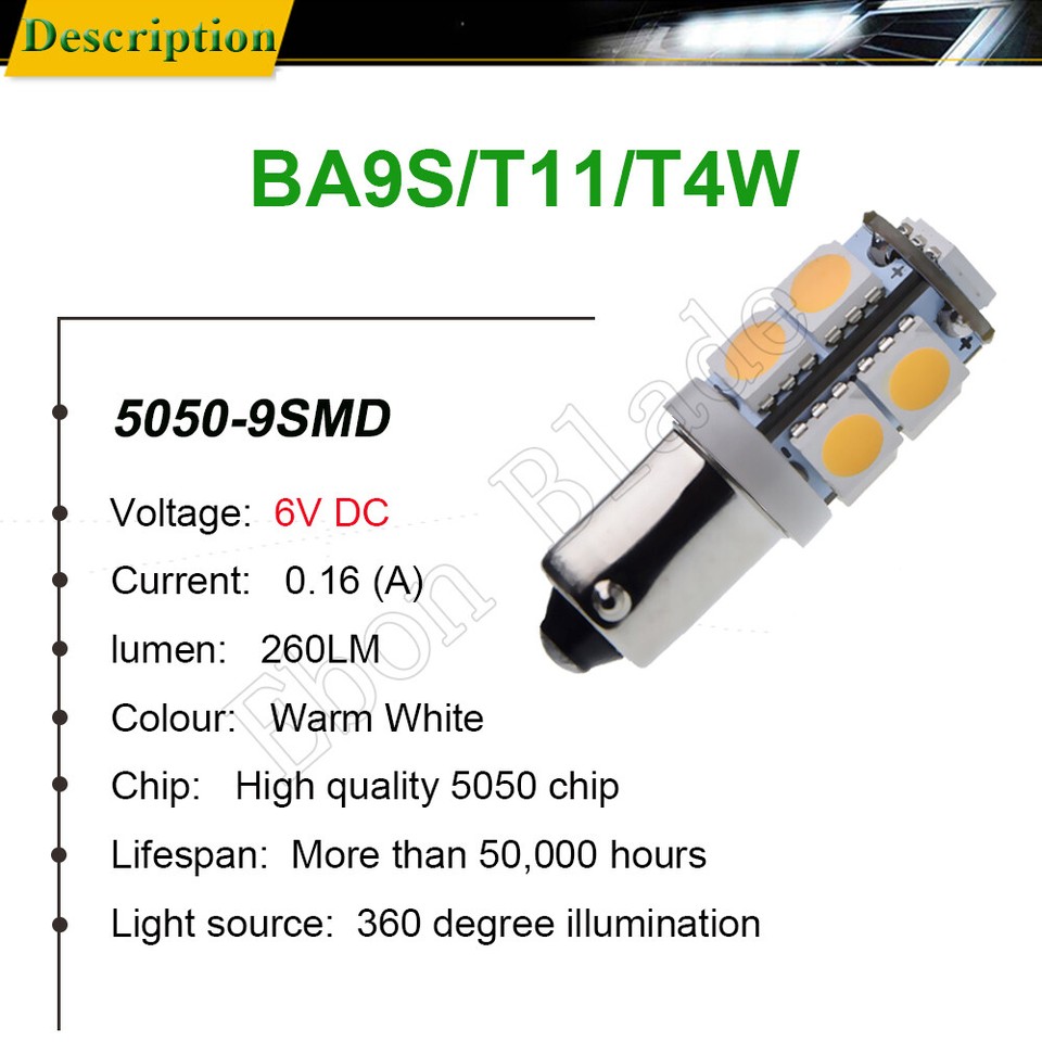 10Pcs 6V BA9S 5050 9 SMD Led Bulb 6V DC Car Reading Light Tail Lamp ...