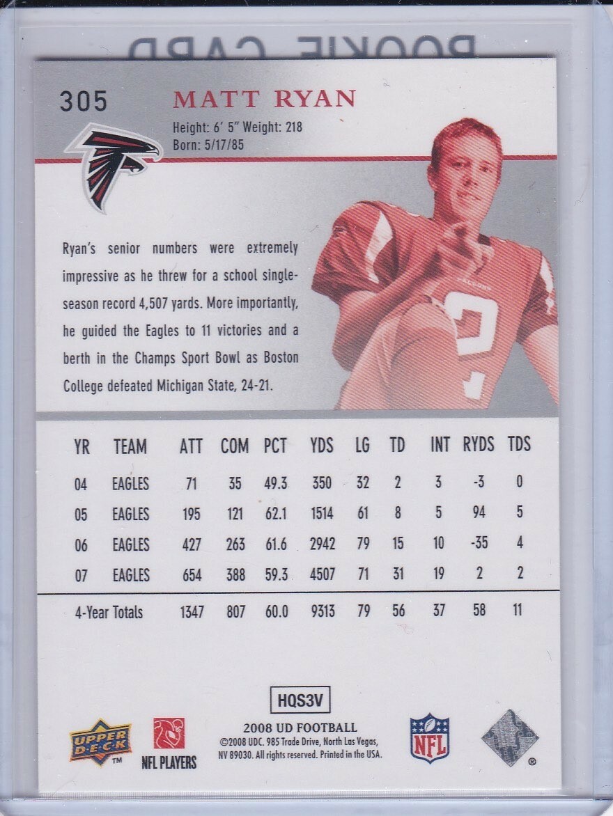 MATT RYAN ROOKIE CARD Atlanta Falcons 2008 Upper Deck Star RC Football ...