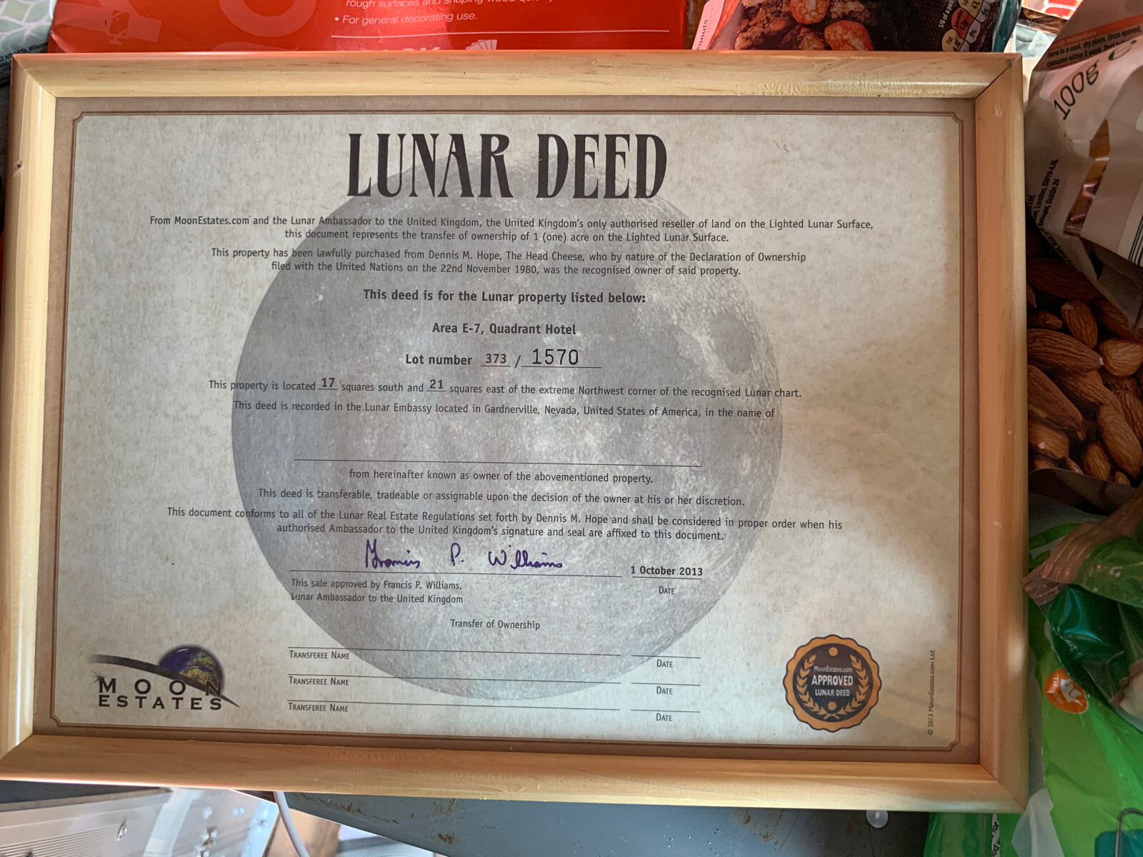 LUNAR DEED - AREA E-7 QUADRANT HOTEL- FROM MOONESTATES | eBay