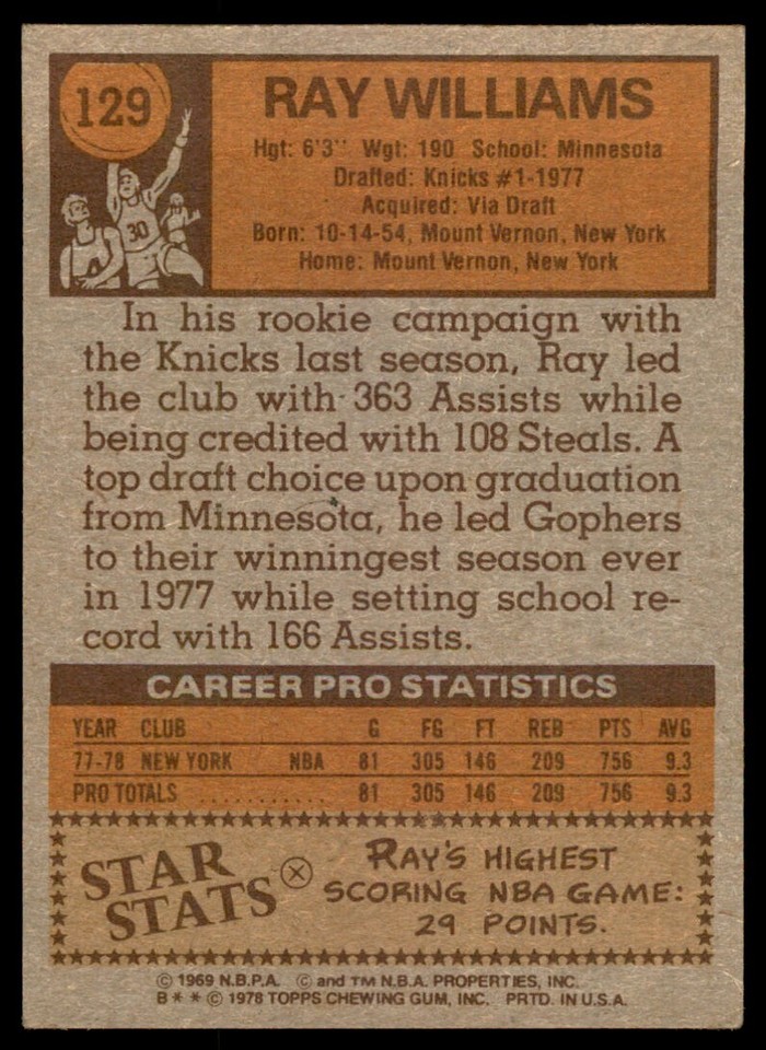 1978-79 Topps Basketball Card Ray Williams A New York Knicks #129 | eBay