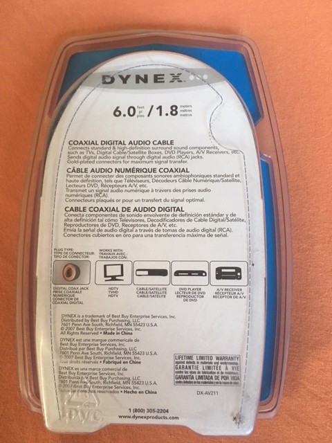 DYNEX Coaxial Digital Audio Cable 6 ft DX-AV211 NIB NEW | eBay