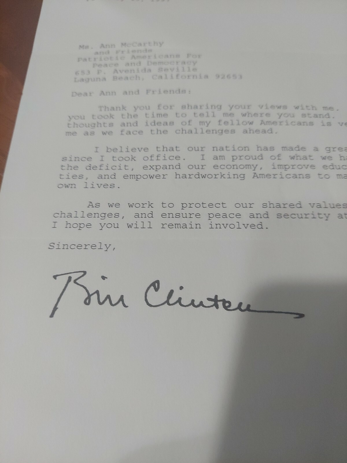President Bill Clinton Signed Personal Letter White House Stationary ...