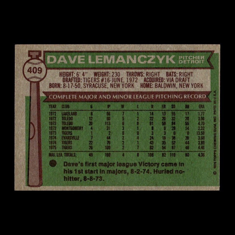 Dave Lemanczyk 1976 Topps Detroit Tigers #409 Vintage GM! | eBay