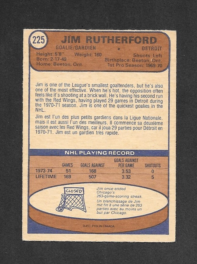 1974-75 OPC HOCKEY , # 225 , JIM RUTHERFORD , DETROIT RED WINGS | eBay