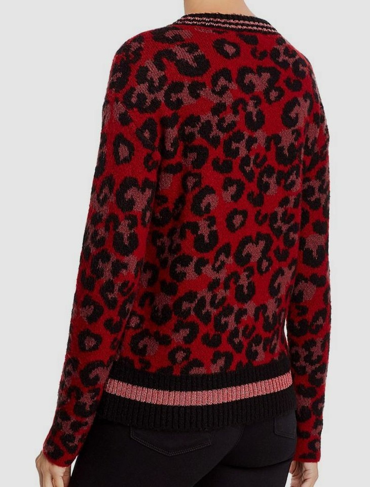 $198 Aqua Women's Red Crew-Neck Long Sleeve Leopard Jacquard Metallic ...