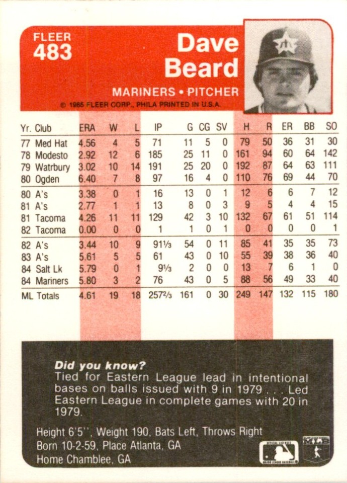 1985 Fleer Baseball Dave Beard . Seattle Mariners #483 | eBay